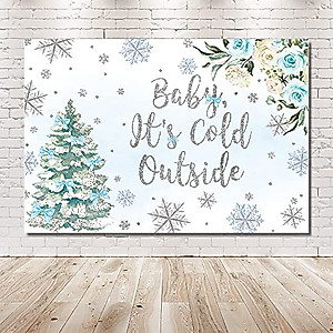 MEHOFOND Baby It's Cold Outside Backdrop Boy Baby Shower Party Decor Silver Snowflake Winter Wonderland Photo Booth Banner Christmas Tree White Blue Floral Background 7x5ft
