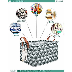 FANKANG Storage Bins, Nursery Hamper Canvas Laundry Basket Foldable with Waterproof PE Coating Large Storage Baskets for Kids Boys and Girls, Office, Bedroom, Clothes,Toys(Rec-grey wave)