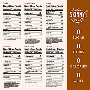 Jordan's Skinny Syrups Sugar Free Coffee Syrup, Vanilla, Salted Caramel, Hazelnut, Mocha, Butter Toffee, and Caramel Syrups, Zero Calorie Flavoring, 25.4 Fl Oz (Pack of 6), Sampler Variety Pack