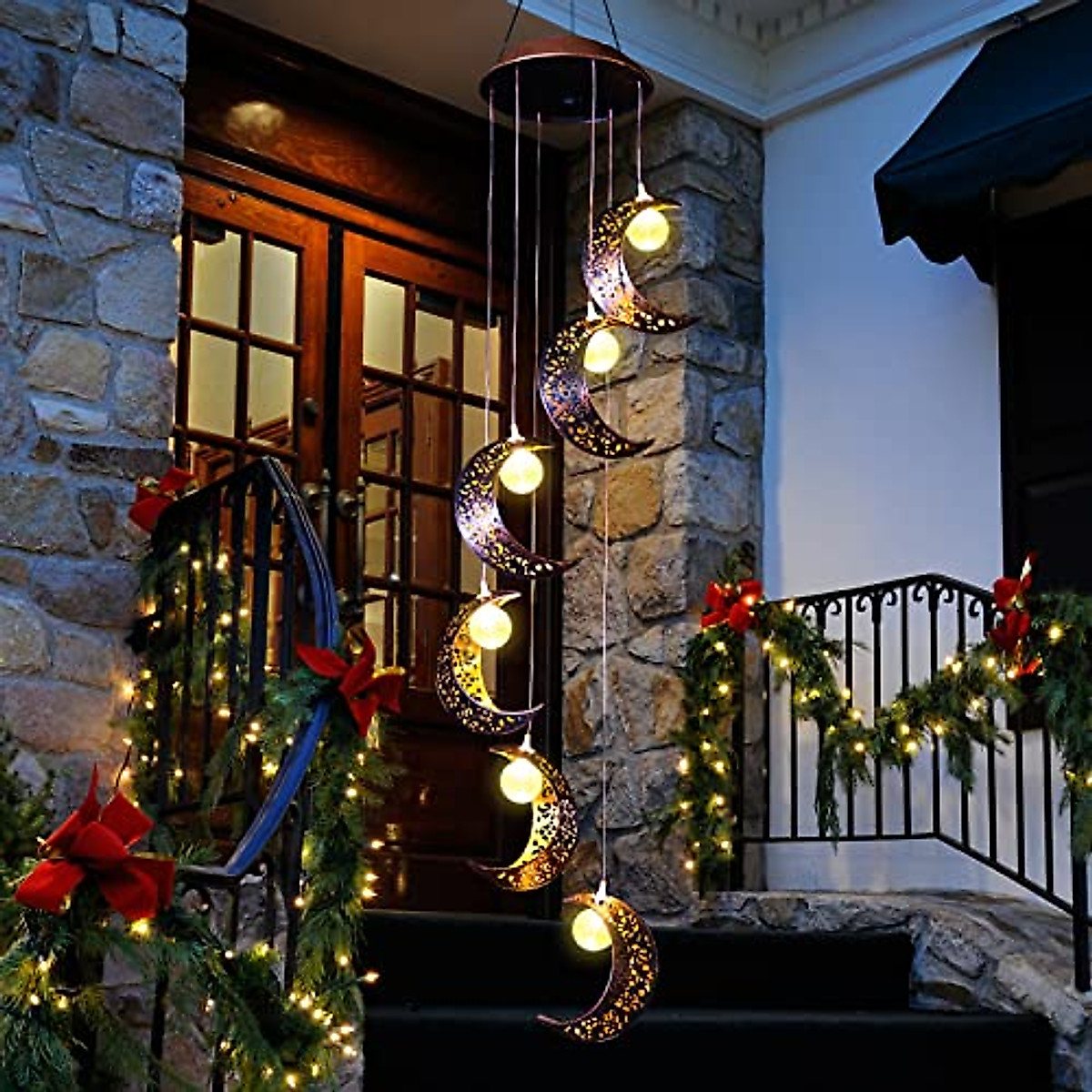 Tryme Solar Moon Wind Chimes Outdoor Solar Lights Windchimes Waterproof Hanging Decorations Gifts for Garden Patio Birthday Thanksgiving Home Party