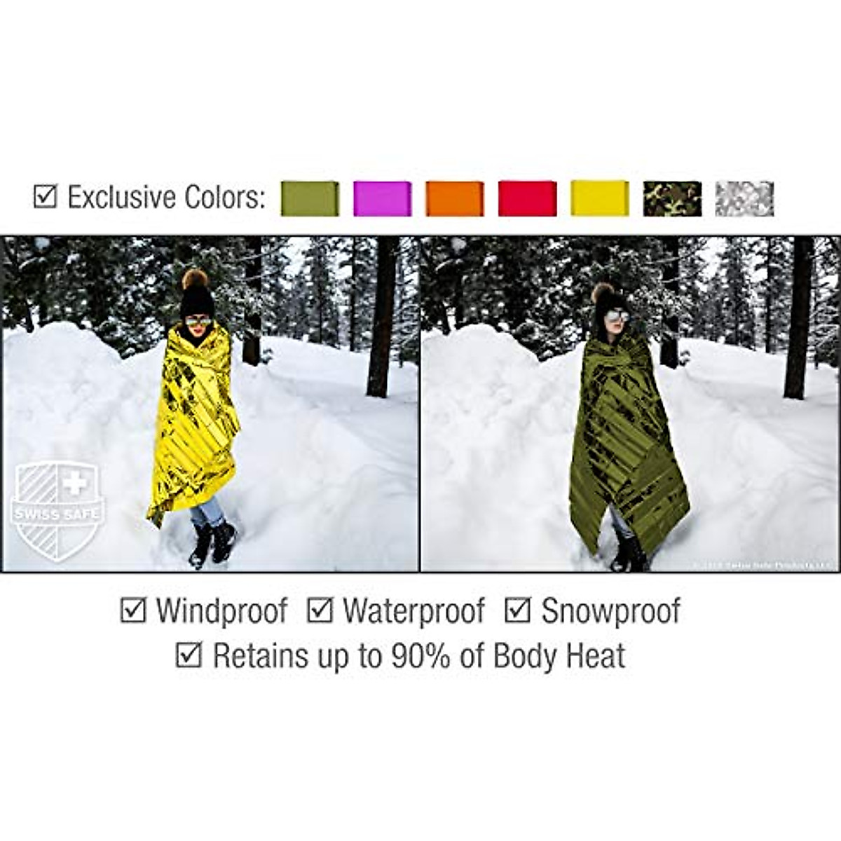 Swiss Safe Emergency Blankets for Survival Kit - Mylar Thermal Blankets - NASA-Designed Body Warmer for Camping, Hiking & Outdoor Activities, Bug Out Bag - 4 Pack w/Bonus Gold Foil Space Blanket Fit