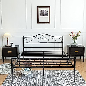 Heavy Duty Metal Platform Bed Frame Queen Size Black Bed Frame with Headboard and Steel Slats Mattress Foundation No Box Spring Needed