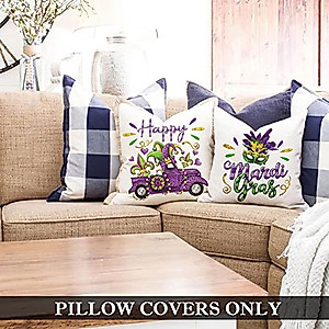 JOJOGOGO Mardi Gras Decorations Outdoor Throw Pillow Covers 18x18 Waterproof Set of 4 Happy Mardi Gras Fat Tuesday Decor Carnival Theme Masquerade Party Decorations for Front Porch and Patio Furniture