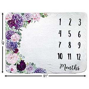 Baby Monthly Milestone Blanket | Includes Floral Wreath & Headband | 1 to 12 Months | Extra Soft Fleece | Best Photography Backdrop Photo Prop for Newborn | Baby Girl