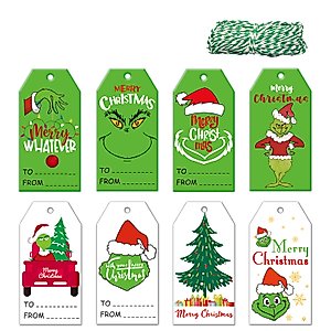 Doumeny 120PCS Christmas Gift Paper Tags Merry Christmas Tags Present Xmas Green Monster Name Tags Christmas Tree Holiday Tags Funny Gnome Hanging Labels with 65 Feet Twine for Crafts Gift Wrap Decor