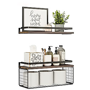 WXCGX Floating Shelves, Rustic Floating Shelves Wood Over Toilet with Paper Storage Basket, Farmhouse Wall Mounted Shelves Floating Shelf for Bathroom Bedroom Wall Decor Living Room Kitchen Book