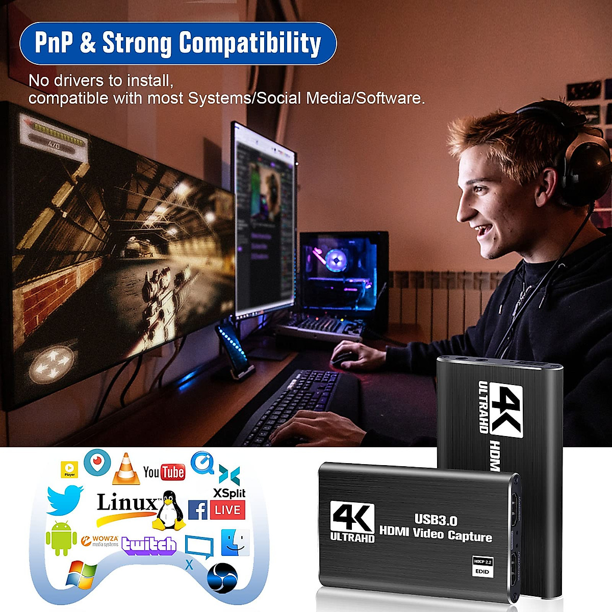 Capture Card, HDMI Video Capture Card, Switch Capture Card, HDMI to USB Game Capture Card for Streaming Video Game Recording 4K Input 1080P 60FPS Output, Video Capture Device Work with PS4/PS5/PC/OBS