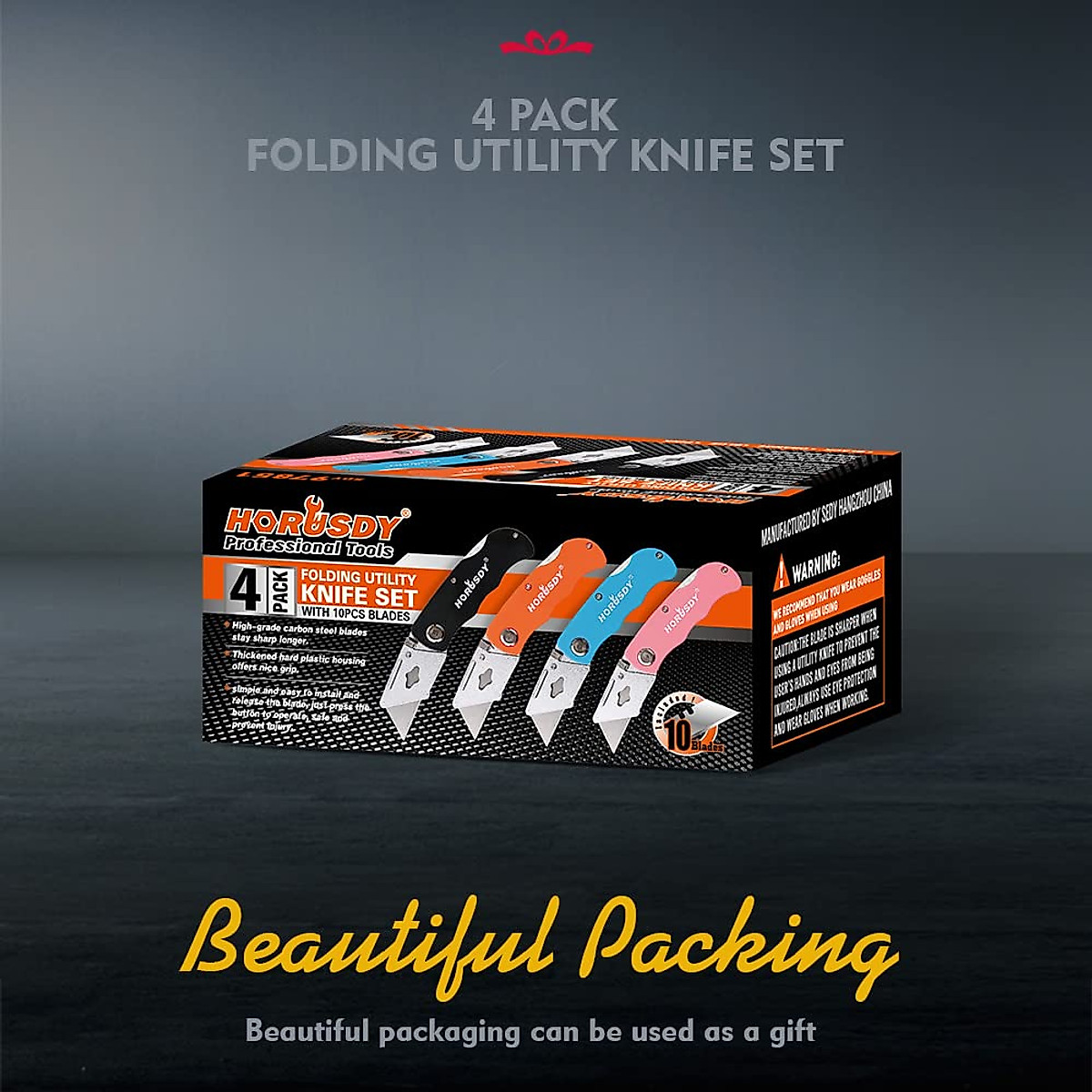 HORUSDY 4-Pack Folding Utility Knife, Box Cutter for Cardboard, Boxes and Cartons, Extra 10pcs SK5 Quick Change Blades.