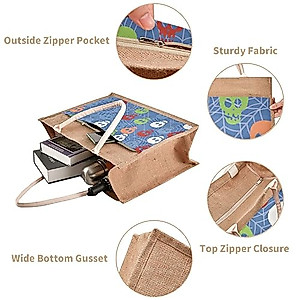 Jute Burlap Tote Bag Blue Skull Halloween Spider Web Striped Large Capacity Reusable Grocery Shopping Storage Bag