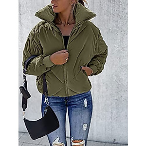 MEROKEETY Women's Long Sleeve Zipper Puffer Jacket Winter Quilted Short Down Coat with Pockets,Green,M