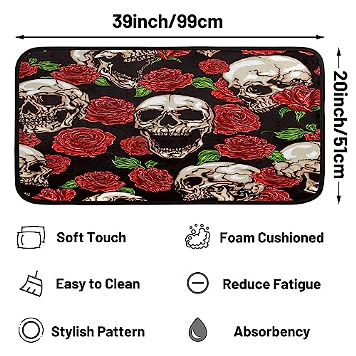 KOBLEN Skull and Red Roses Kitchen Rugs Non Slip Washable Absorbent Kitchen Mats 20x39 inch Cushioned Anti Fatigue Kitchen Floor Mats for in Front of Sink