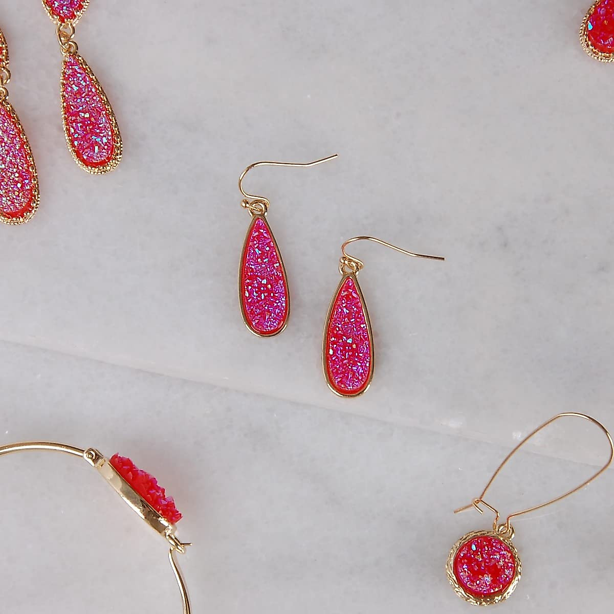 Humble Chic Simulated Druzy Drop Dangles - Sparkly Long Teardrop Dangly Earrings for Women, Gold - Hot Pink Stone
