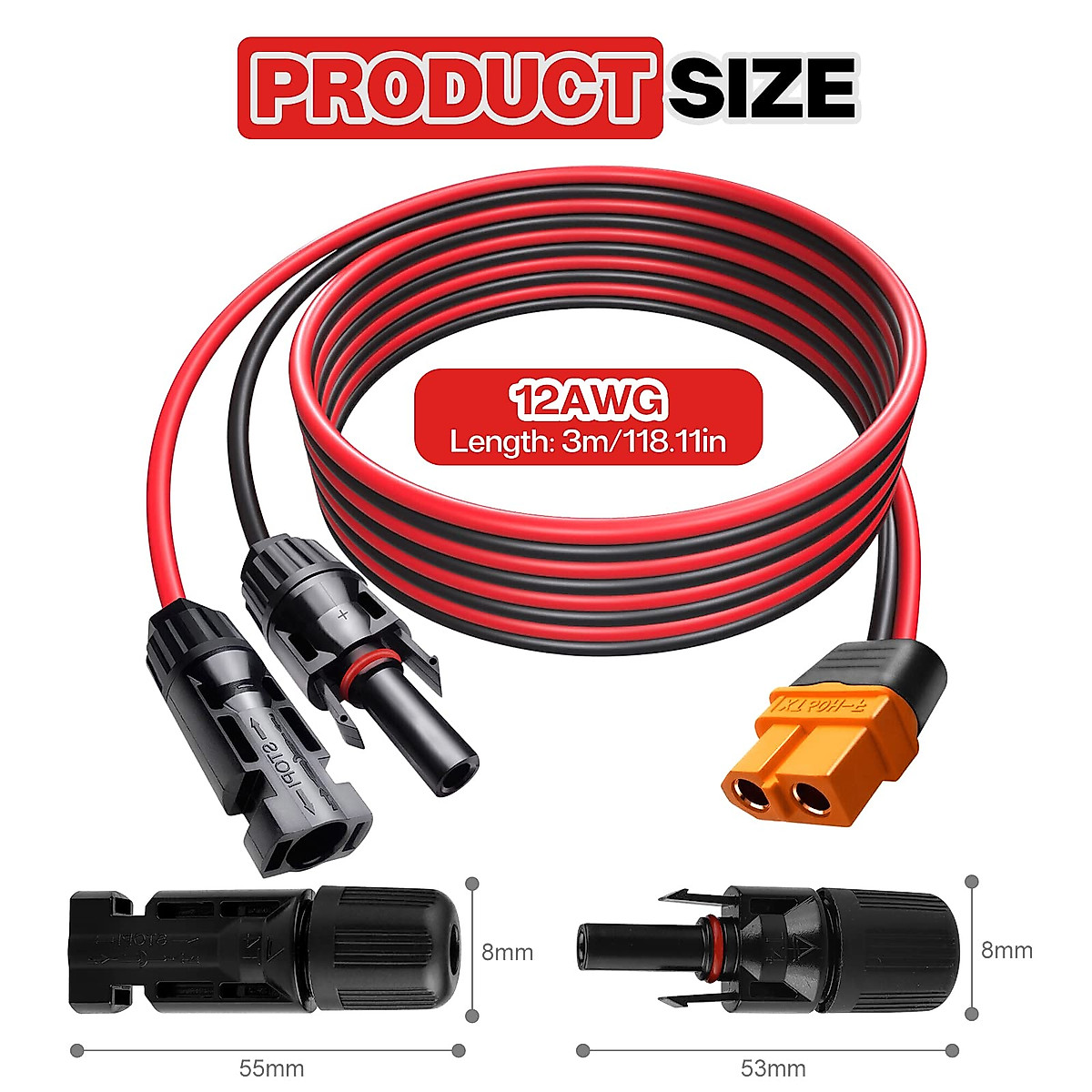 ZUOLUN Solar Charge Cable Connector, 12AWG 10Ft Solar Connector to Xt60i Adapter Connector, Solar Extension Cable with Female and Male Solar Connector for Portable Power Station, Solar Generator