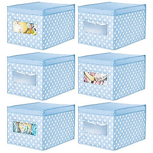 mDesign Large Soft Stackable Fabric Baby Nursery Storage Organizer Holder Bin Box with Front Window/Lid for Child/Kids Bedroom, Playroom, Classroom, Lido Collection, 6 Pack, Light Blue/White Polka Dot