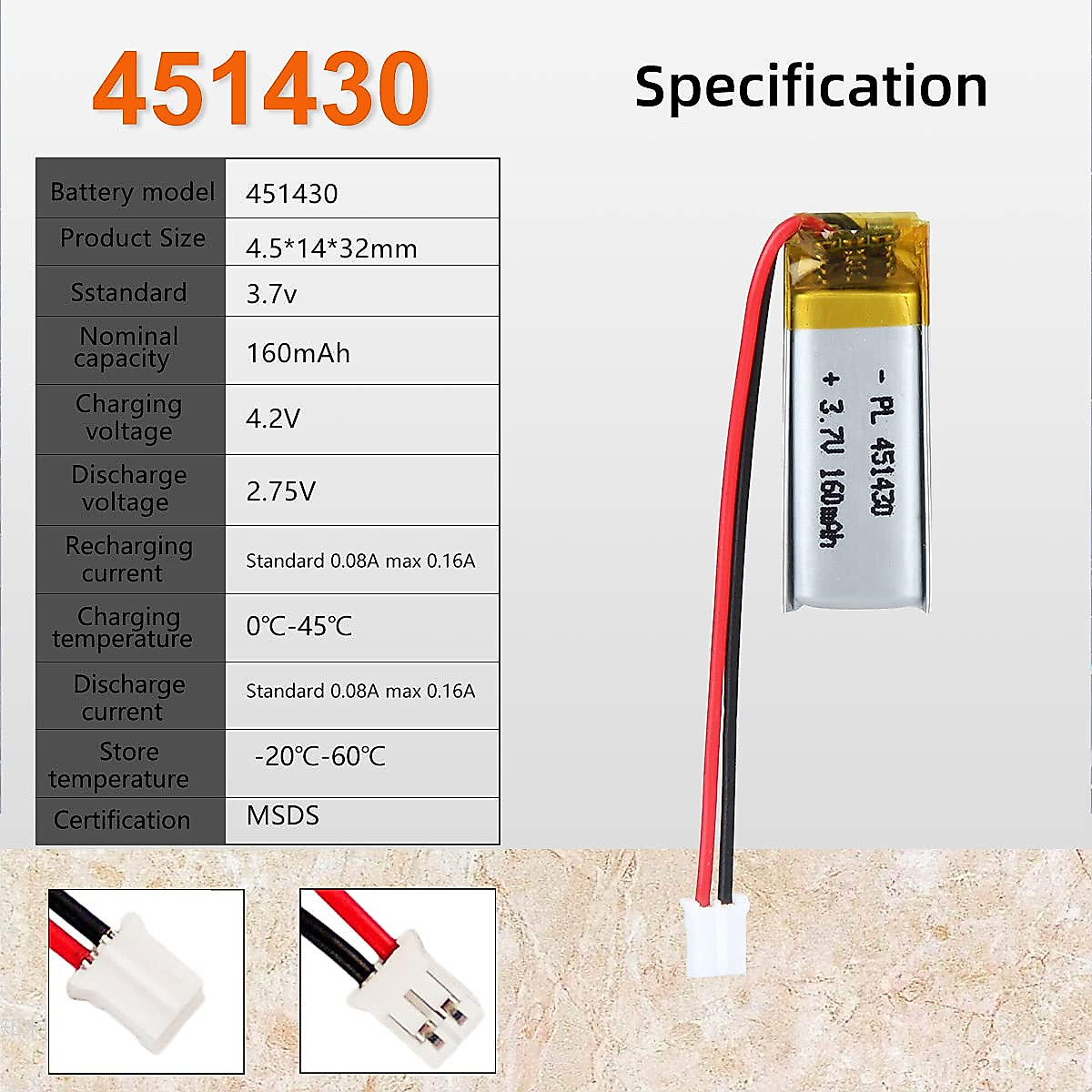 YDL 3.7V 160mAh 451430 Lipo Battery Rechargeable Lithium Polymer ion Battery Pack with JST Connector