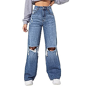 SweatyRocks Women's High Waisted Wide Leg Jeans Casual Loose Ripped Denim Pants Medium Wash S