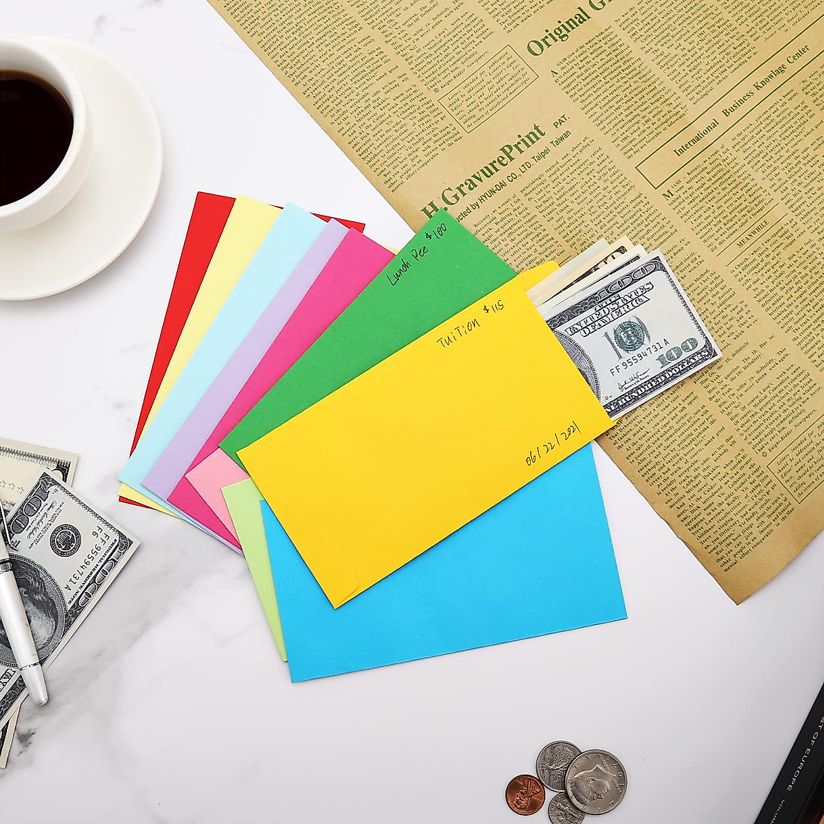 100 Pack Colorful Cash Envelopes 6.7x3.5 Fit for 100 Envelope Money Saving Challenge, Large Money Envelopes for Cash, Budgeting, Check, Coin, Tickets, Jewelry, small items & collectables