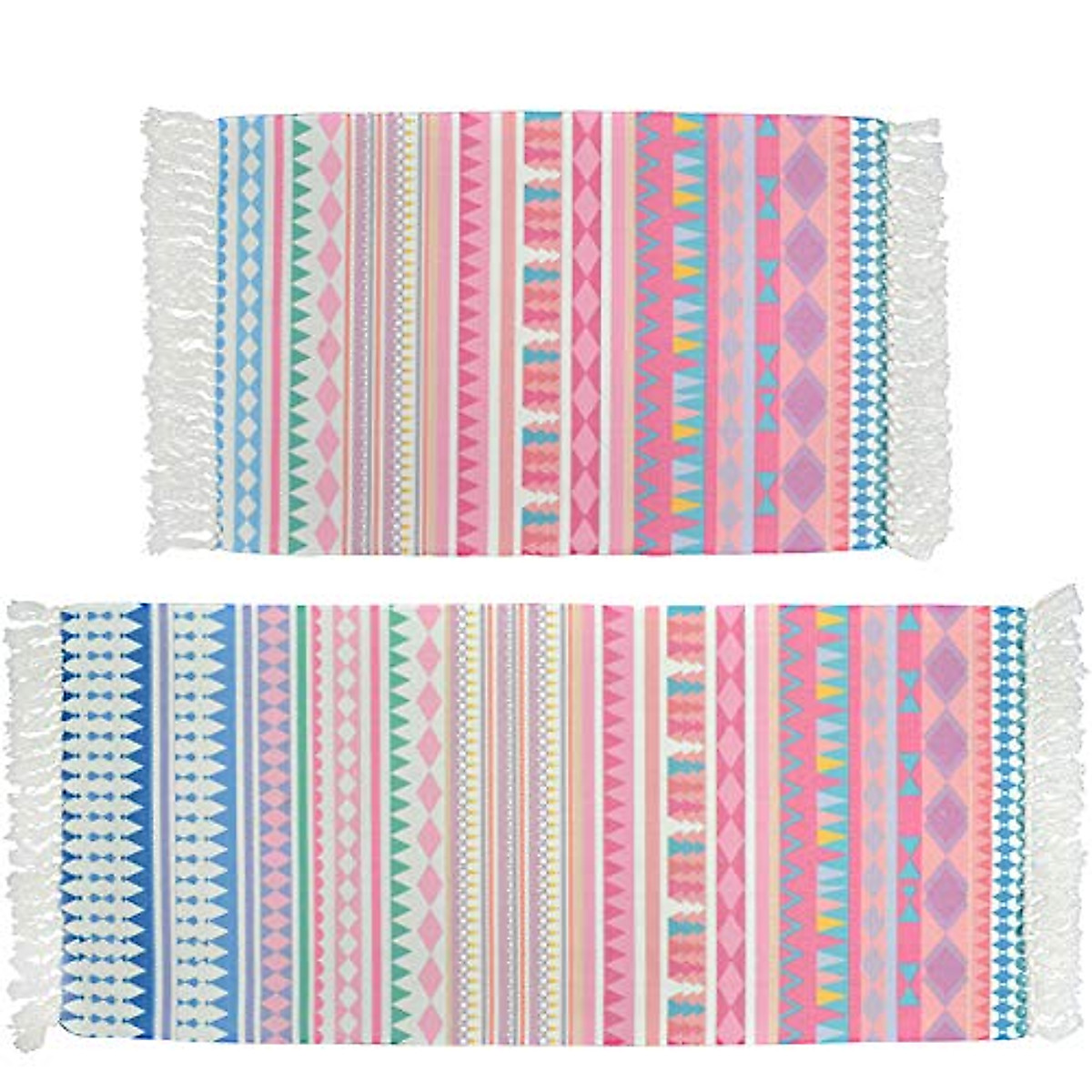 Lacomfy 2PC Cotton Area Rug Sets Pink Boho Printed Tassels Door Mat 2'x3'+2'x4.3' Hand Woven Outdoor Runner Rugs Washable Braided Rug for Kitchen Entryway Bathroom Laundry Room