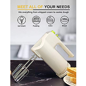 Hand Mixer Electric, MOSAIC Mixer with Cord & Attachments Storage and 4 Stainless Steel Accessories, Easy Eject Handheld Mixer for Whipping Mixing Cookies, Brownies, Cakes, Dough (White)
