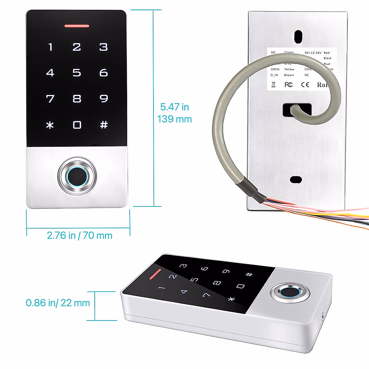 AMOCAM Fingerprint Password Access Control System with 5PCS ID Key Fobs, Fingerprint Door Lock Keypad Controller Support 10000 Users, Weatherproof, Backlight, Zinc Alloy Metal, Touch Panel