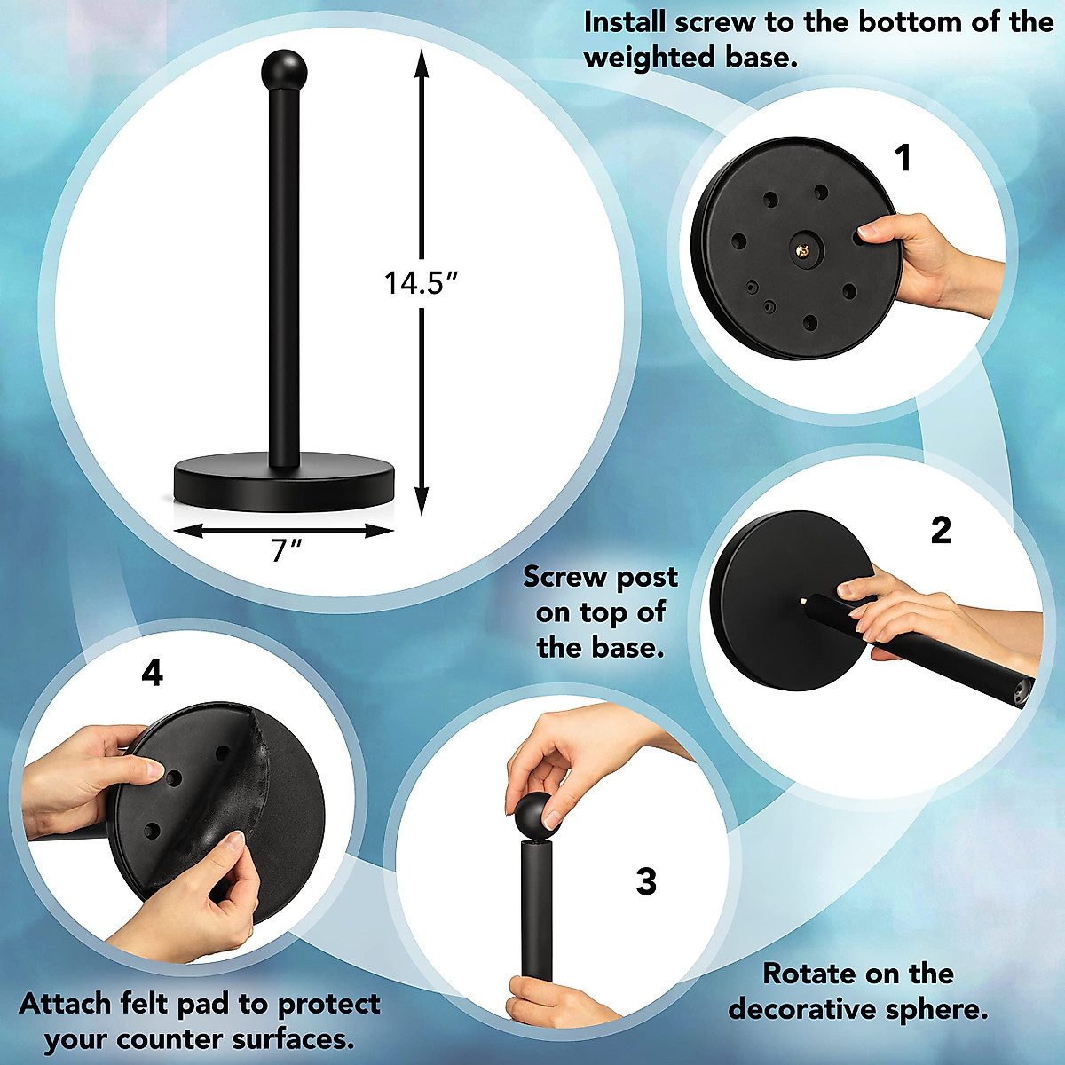 Modern Touch Accents Paper Towel Holder – Hand Towel Dispenser with Weighted Non-Slip Base for Kitchen, Countertop, Bathroom & Hotels - Easy One-Handed Tear Jumbo Paper Towel Roll Holder (Matte Black)