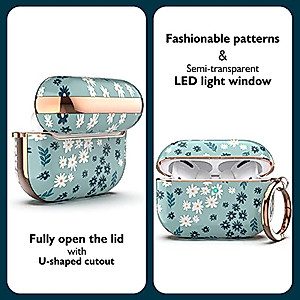 TATOFY Case Cover for AirPods Pro 2019,Stylish AirPods Pro Case for Women Girls, Flower Patterns Protective Hard Case with Clip (Cyan)