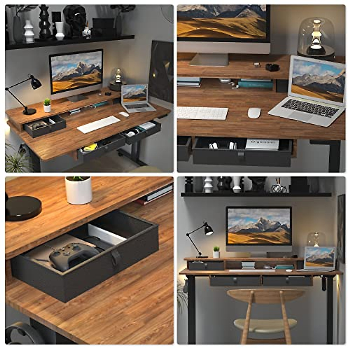 ExaDesk Electric Standing Desk with 4 Drawers, 55 x 30 Inches Adjustable Desk with Storage Shelf, Stand Up Desk for Home and Office, Rustic Brown Top/Black Frame