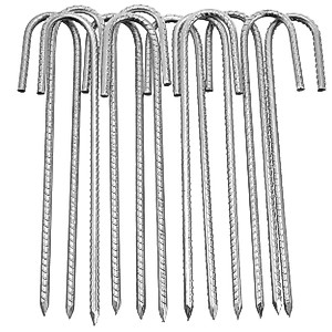 Galvanized Rebar Stakes, 12 inch Heavy Duty Ground Stakes J Hooks for Camping Tent and Canopy Tent Stakes, 12 Pack, Silver