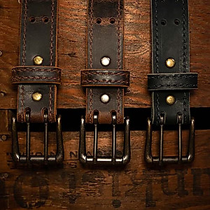 Men’s Classic Leather Belt, Double Prong Retro Style, Antique Brass Buckle, 1 ½” Width, Amish handmade in the USA (Vintage Brown, 34")