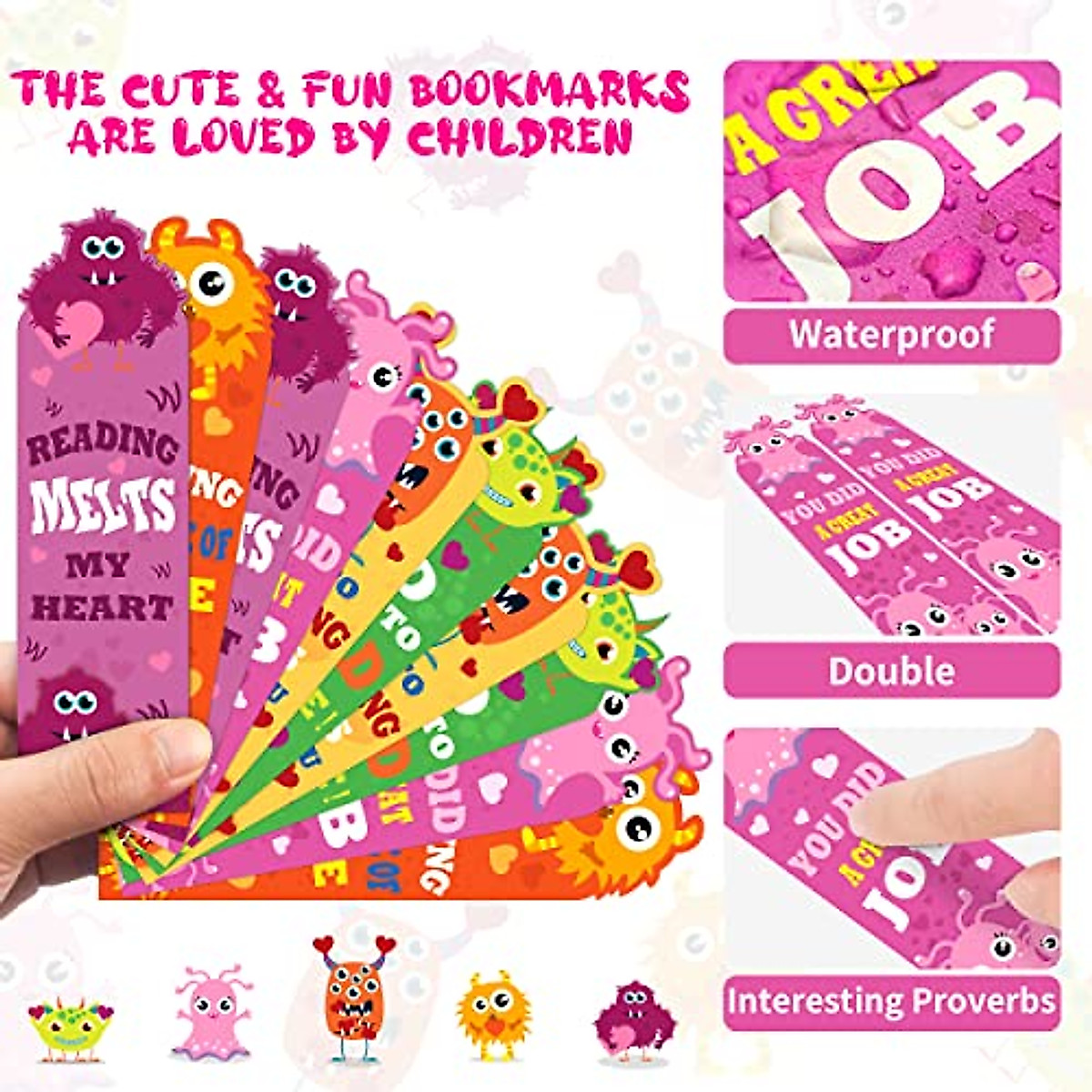 algpty 60 Pieces Cute Monster Bookmarks Bulk for Kids Saying Bookmarks for Girls and Boys Bookmarks for Teachers Students School Classroom Kids Party Favors Birthday Gifts for Kids Girls