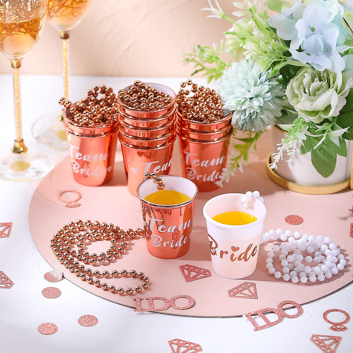 12 Packs Team Bride and Bride Shot Necklace Glass Bachelorette Party Decorations Bridesmaid Gifts Gold Foil Bachelorette Party Necklace Shot Glasses with Beads Chain for Wedding Party (Rose Gold)