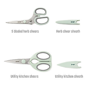 Goodful Utility Kitchen Shear and 5-Blade Herb Shear Set, Premium Stainless Steel Blades with Protective Guards, Comfort Grip Handles, Built-in Herb Shear Cleaning Comb, 2-Piece Set, Sage Green