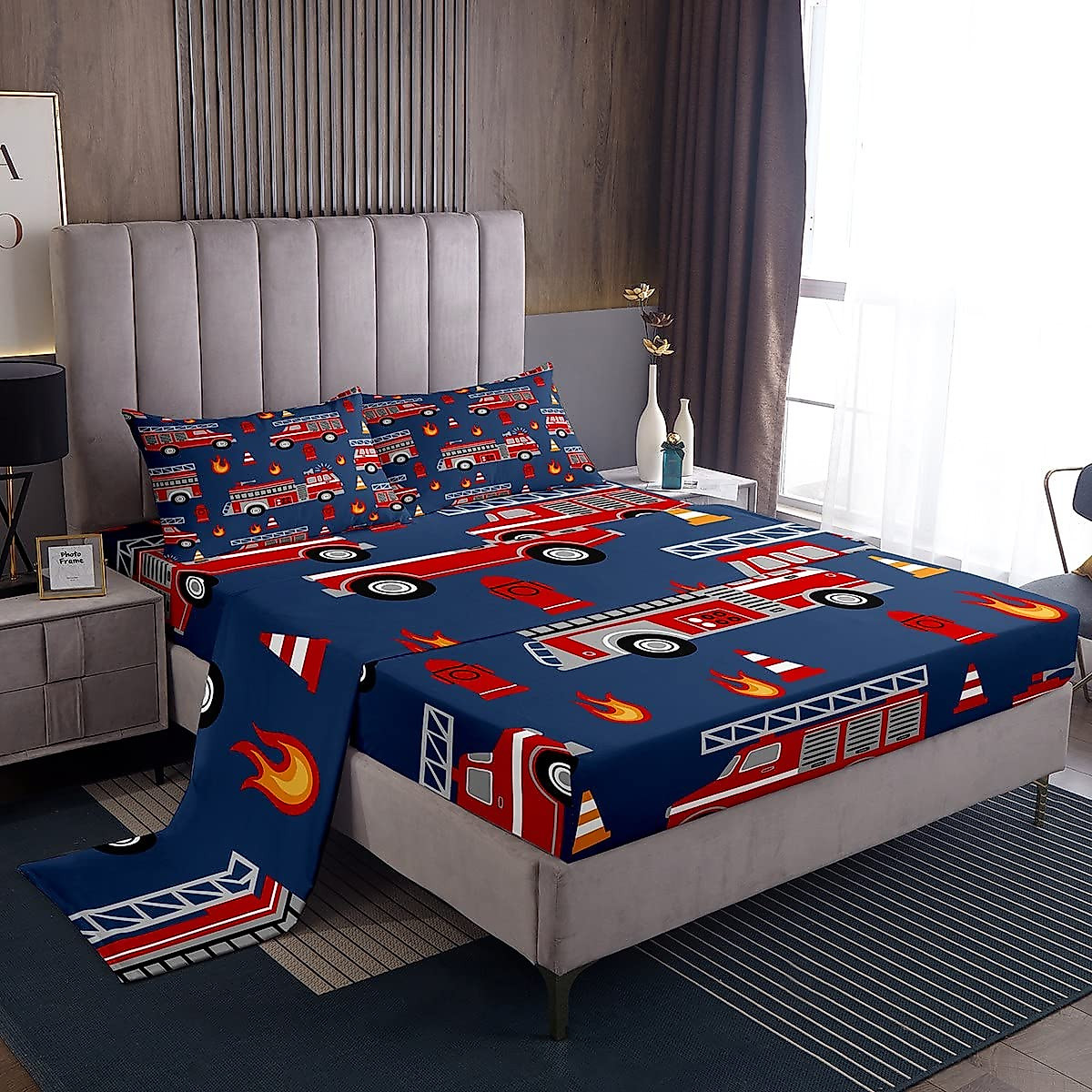 Cartoon Car Bed Sheets Set Fire Truck Sheet Set for Kids Boys Girls Room Decor Firefighter Sheets with Deep Pocket Fitted Sheet Firemen Car Vehicle Fire Engine Blue Red Bedding Set 4Pcs Full