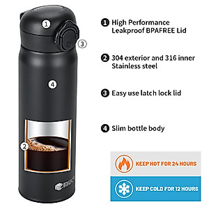 MUCR 17 oz / 500 ml Insulated Water Bottle, Stainless Steel Thermo Coffee Travel Mug, Thermal Cup with Snap Flip Lid, BPA Free for Hot and Cold Drinking, Black