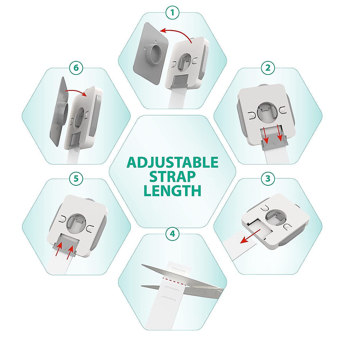 Child Adjustable Strap Lock, Sliding U Shaped Baby Safety Latch for Drawers, Cabinets, Oven, Toilet Seat, No Tool, No Drilling Needed, Super Strong 3M Adhesive