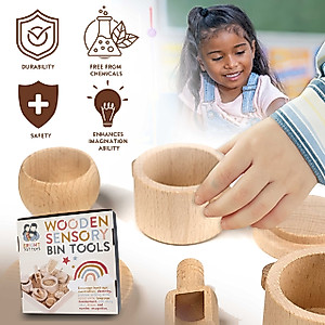 Sensory Bin Tools with Wooden Box, Montessori Toys for Toddlers & Kids, Set of 12 Wood Waldorf Toys for Transfer Work, Sensory Learning & Motor Skill Development