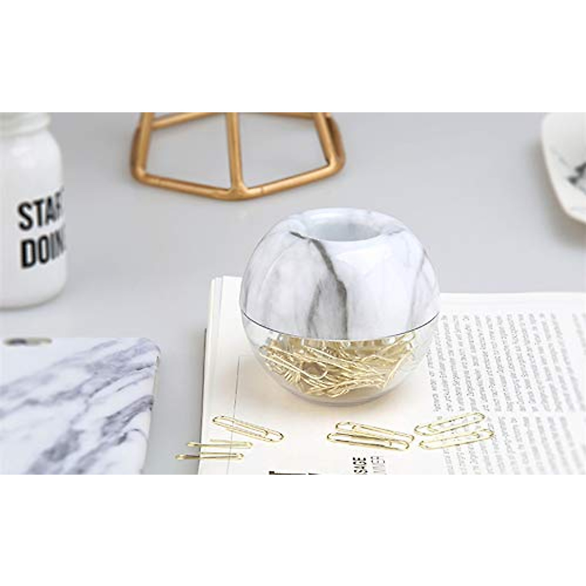 MultiBey Gold Paper Clips in Elegant Magnetic Marble White Clip Holder, 28mm, 100 Clips per Box
