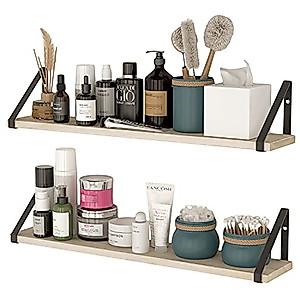 Wallniture Ponza Wood Floating Shelves for Wall Organization and Storage, 24"x4.5" Natural Bathroom Shelves Wall Mounted Set of 2