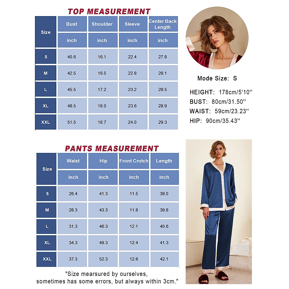 Ekouaer 2 Piece Pajama Set for Women Silk Pajama Pants Sets Long Sleeve Pjs Oversized Sleepwear,Navy Blue,L