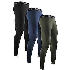 BUYJYA 3 Pack Men's Compression Pants Running Tights Workout Leggings Athletic Cool Dry Yoga Gym Clothes (Blue-Army Green-Black, L)