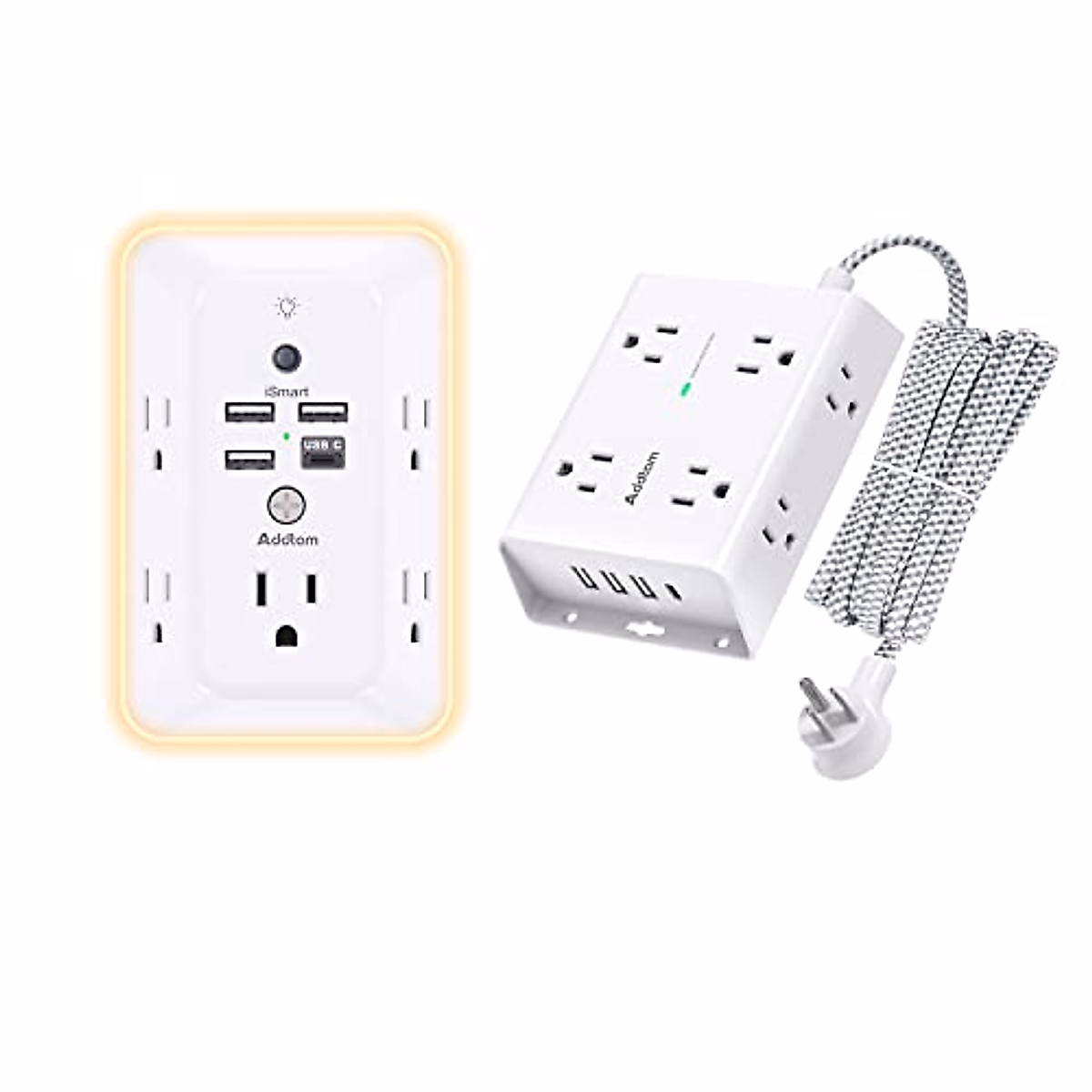Surge Protector, Outlet Extender with Night Light, Addtam 5-Outlet Splitter and 4 USB Ports and 10Ft Surge Protector Power Strip with 8 AC Outlets and 4 USB Ports(1 USB C), for Home, Office and Dorm