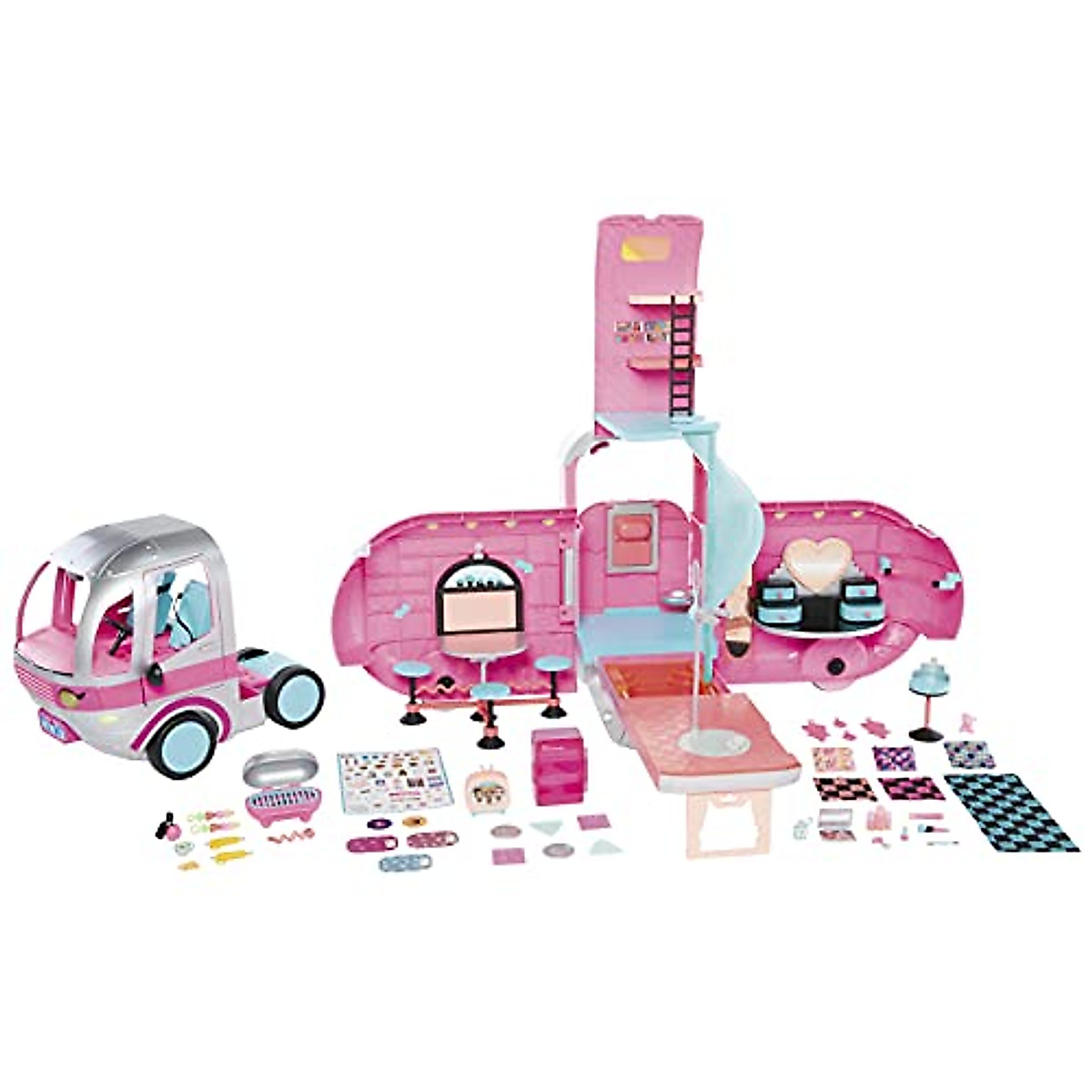 LOL Surprise OMG Glamper Fashion Camper Doll Playset with 55+ Surprises, Fully-Furnished with Light Up Pool, Water Slide, Bunk Beds, Cafe, BBQ Grill, DJ Booth - Gift Toy for Girls Ages 4 5 6 7+ Years