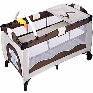BABY JOY 3 in 1 Pack and Play, Portable Playard with Hanging Toys, 2 Lockable Wheels Diaper Changing Table, Foldable Travel Bassinet Bed (Coffee)