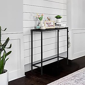 Small Console Table Black Entryway Table Modern Narrow Long Sofa Table Skinny Hallway Table Thin Behind Sofa Table Console Tables for Entryway 31.5 Inch with 2 Hooks, Sofa Side Display for Hallway