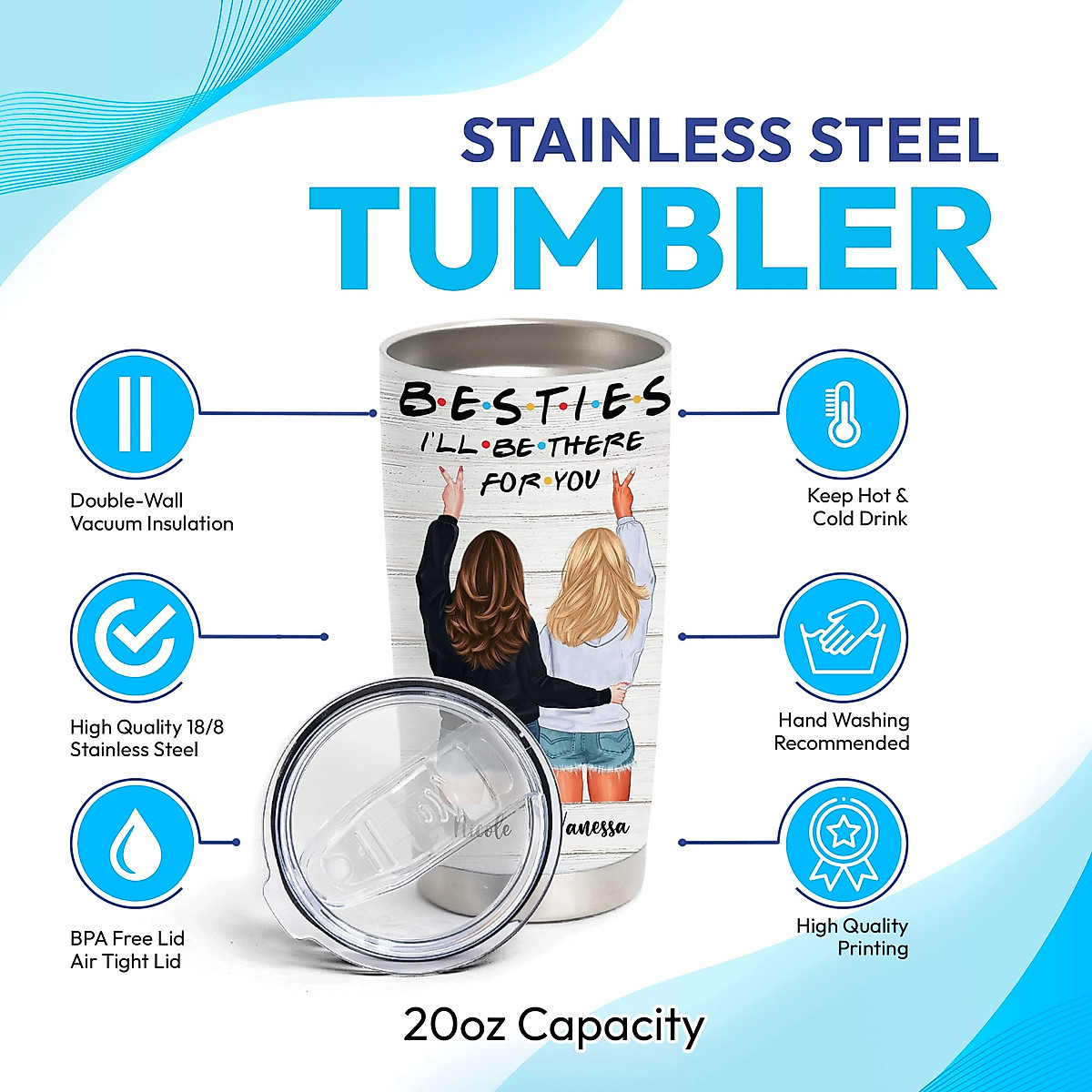 Hyturtle Personalized To My Besties Tumbler, Besties I'll Be There For You, 20oz Stainless Steel Tumbler Customized Best Friend, Gift For Sister, Bestie On Birthday, Thanksgiving, Christmas