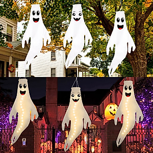 43 Inch Halloween Ghost Windsocks Hanging Decorations - Flag Wind Socks for Home Yard Outdoor Decor Party Supplies (3 Pieces,Batteries Not Included,No Timer)