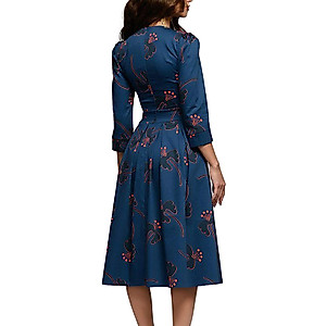 Simple Flavor Women's Floral Evening Flare Vintage Midi Dress 3/4 Sleeve (0658BL, M)