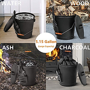 Nouva 5.15 Gallon Ash Bucket with Lid and Shovel, Galvanized Large Metal Hot Wood Ash Carrier Pail Fireplace Tools,Fire Pit,Wood Burning Stove Black, 19.5 L