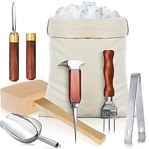 Ice Pick Set of 7 - Stainless Steel Ice Chipper Tea Knife with Wooden Handle, Crushed Ice Lewis Bag and Wood Hammer for Breaking Ice Carving Kitchen Tool Bartender Bars Picnics Camping Restaurant