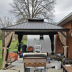 Domi Outdoor Hardtop Gazebo 12x16ft Metal Gazebos Backyard Pavilion Aluminum Roof Canopy with Mosquito Netting and Curtains for Patio,Garden,Lawn (Brown)